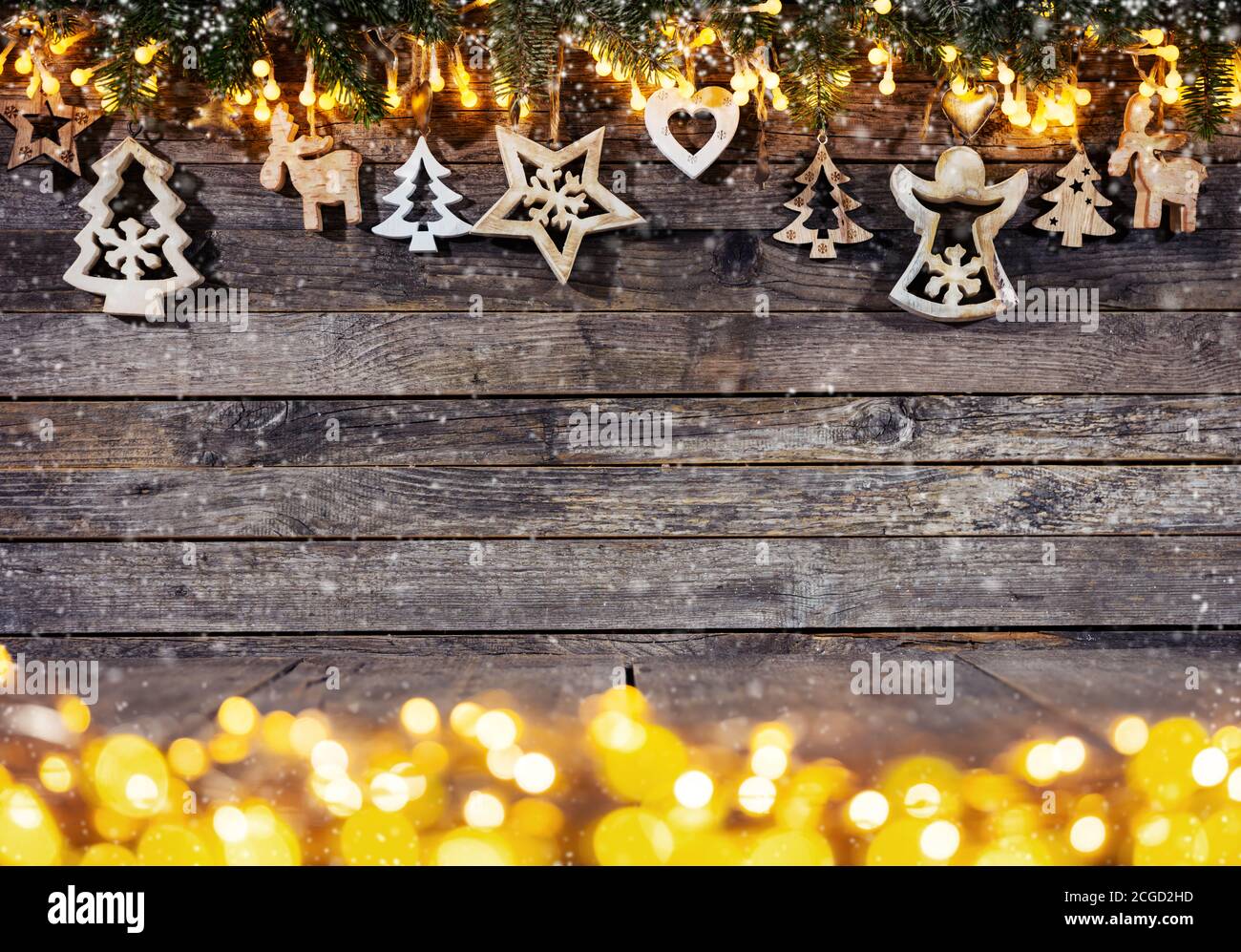 Christmas rustic background with wooden decoration. Free space for text ...