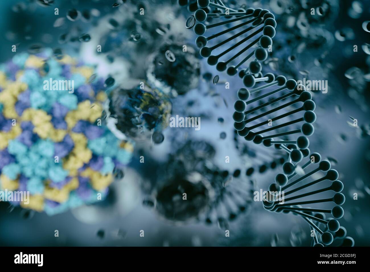 3D rendering of curled DNA helix, dark blue background, virus structure ...