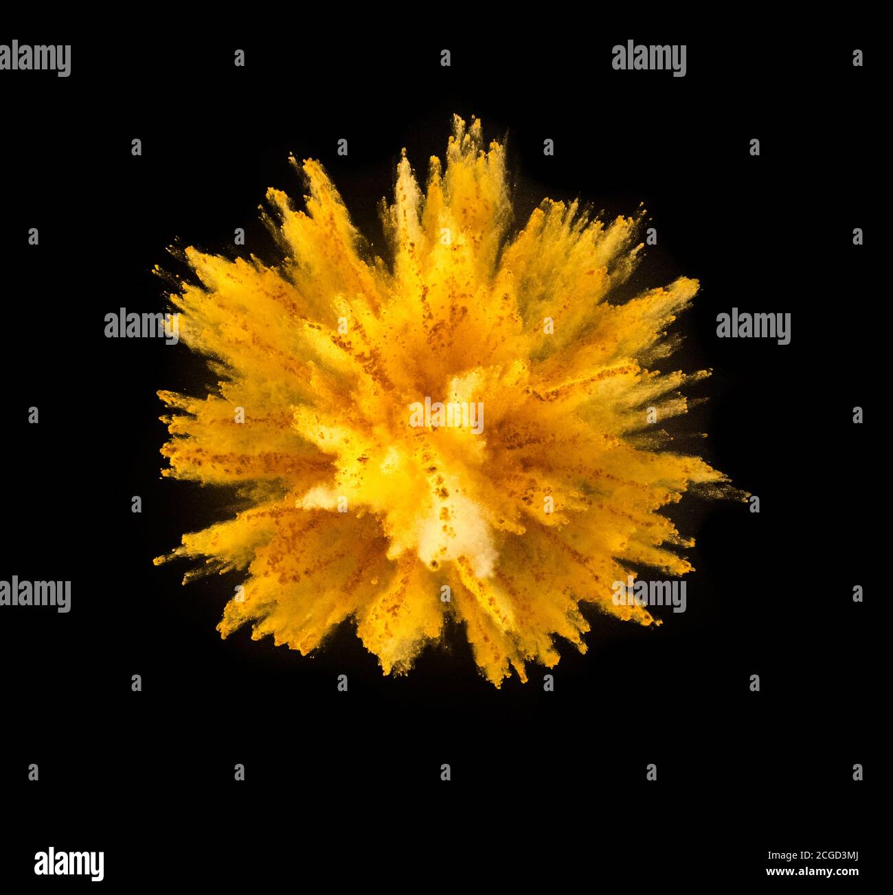 Explosion of yellow powder isolated on black background. Abstract ...