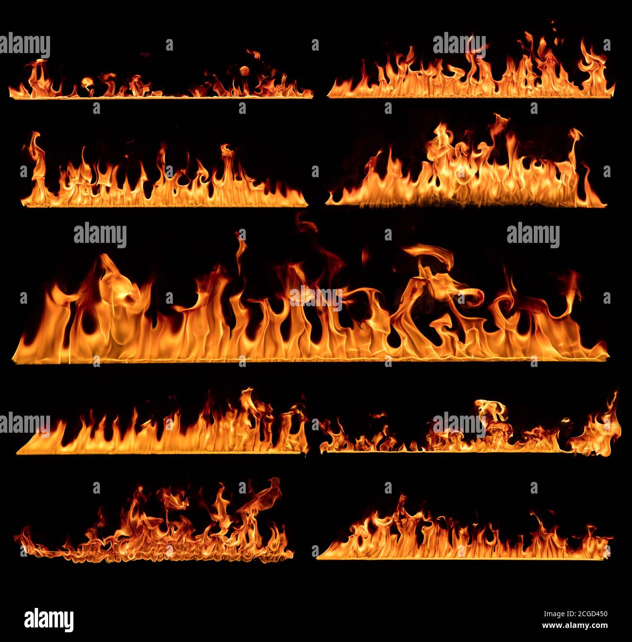 Set of flames textures, isolated on black background. Very high ...