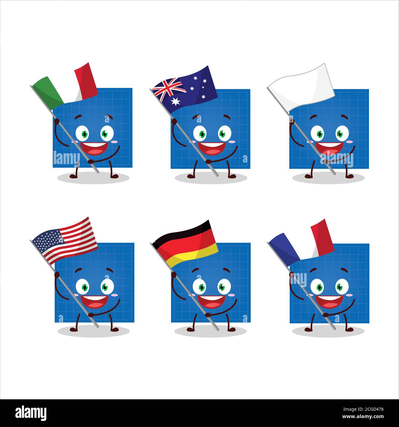Blueprint paper cartoon character bring the flags of various countries ...