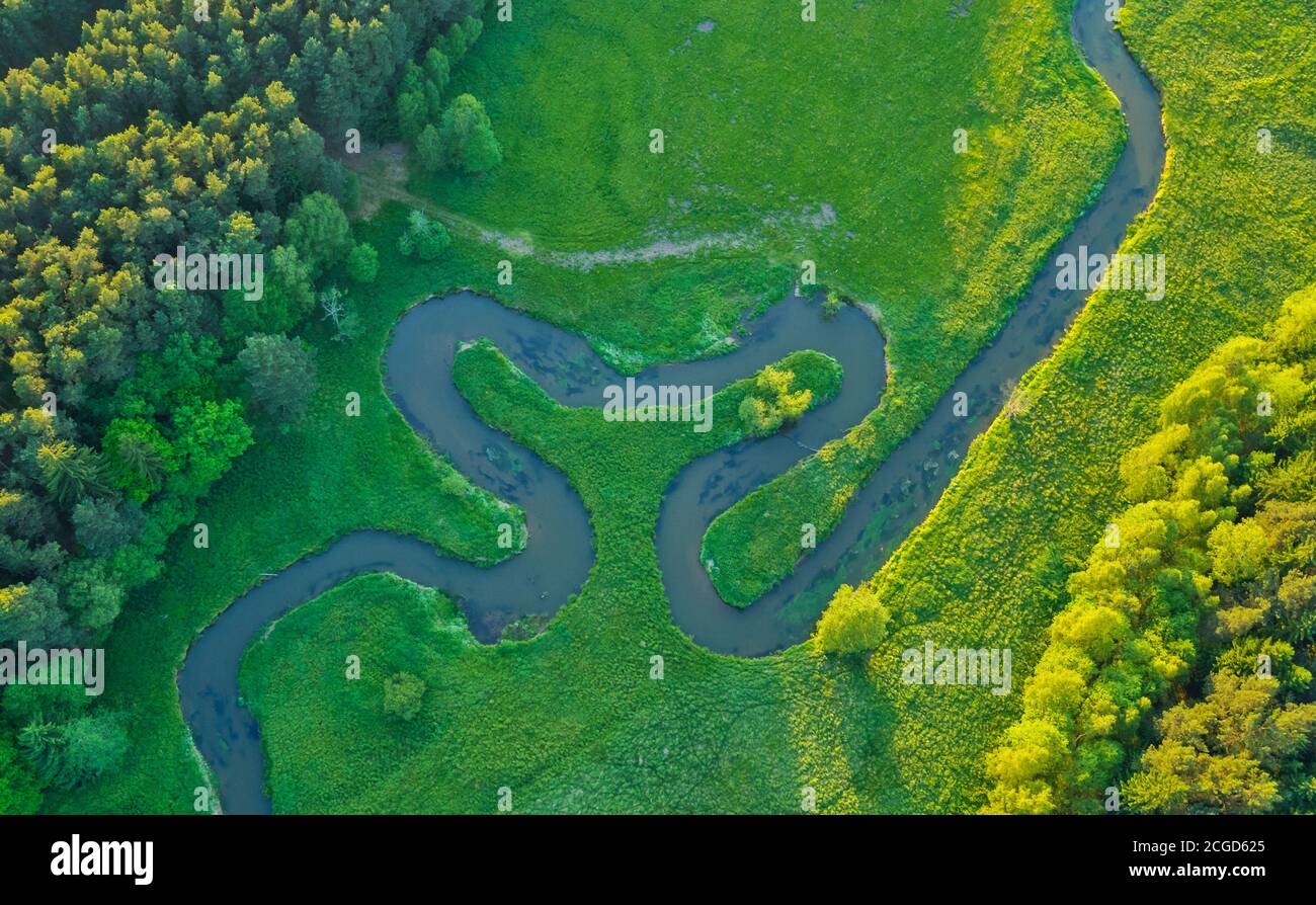Aerial view of river valley in beautiful sunset light, Czech republic ...
