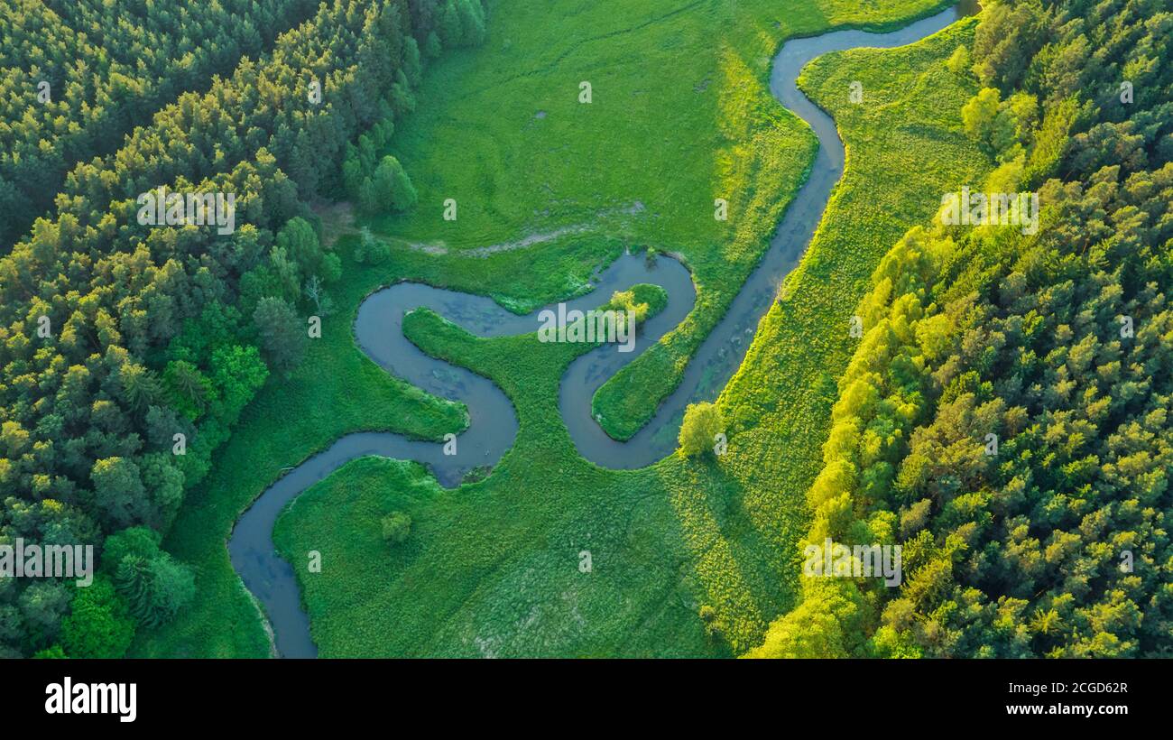 Aerial view of river valley in beautiful sunset light, Czech republic ...