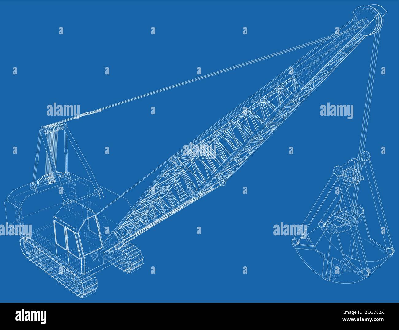 Dragline walking excavator. Vector rendering of 3d. Wire-frame style ...
