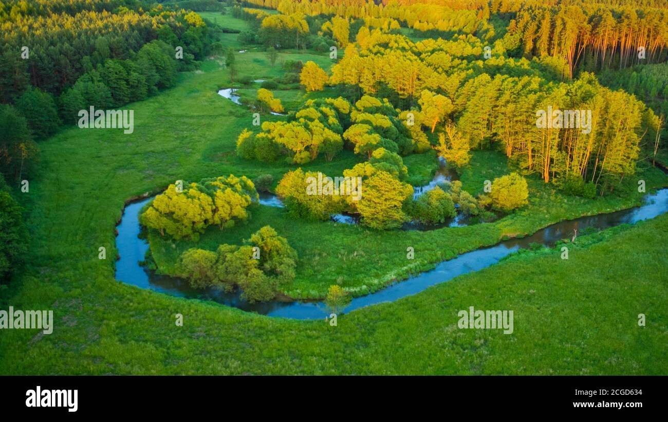 Aerial view of river valley in beautiful sunset light, Czech republic ...