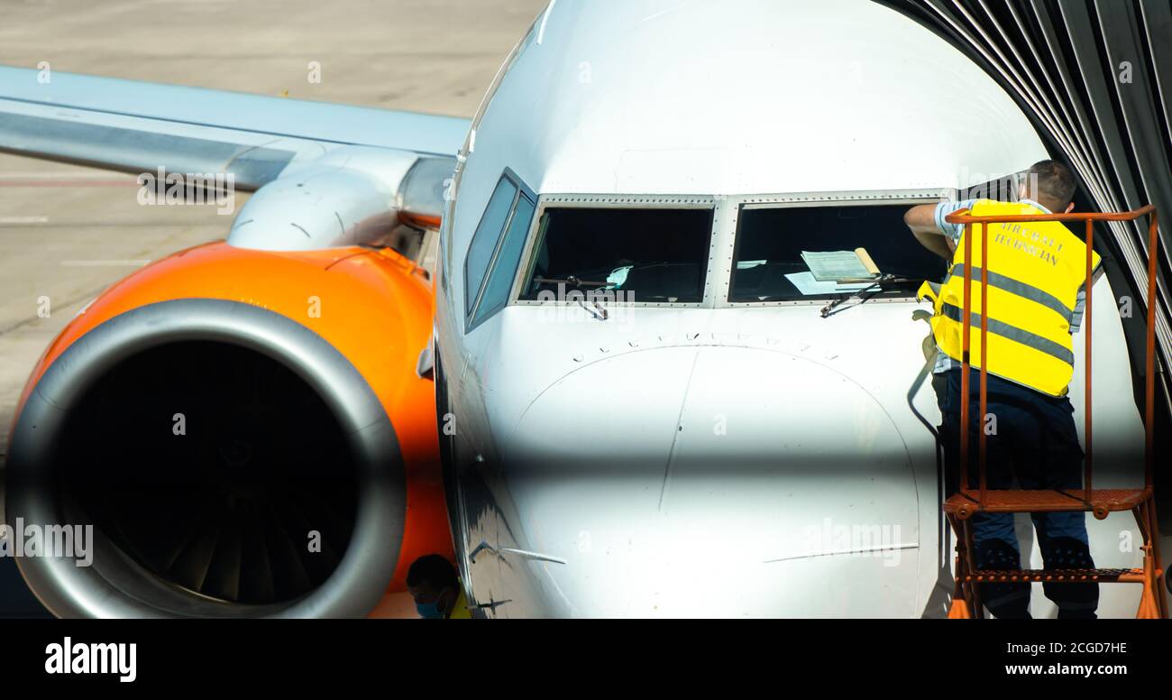 Flying to another country, traveling by plane, first flight, the ground ...