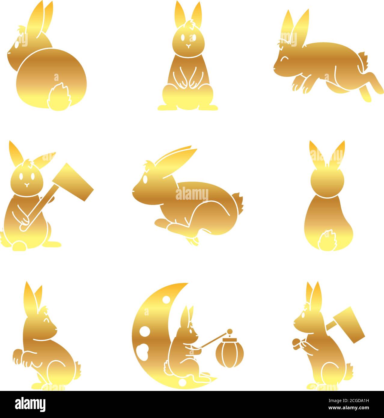 cute rabbits and Mid autumn icon set, gradient style, vector ...