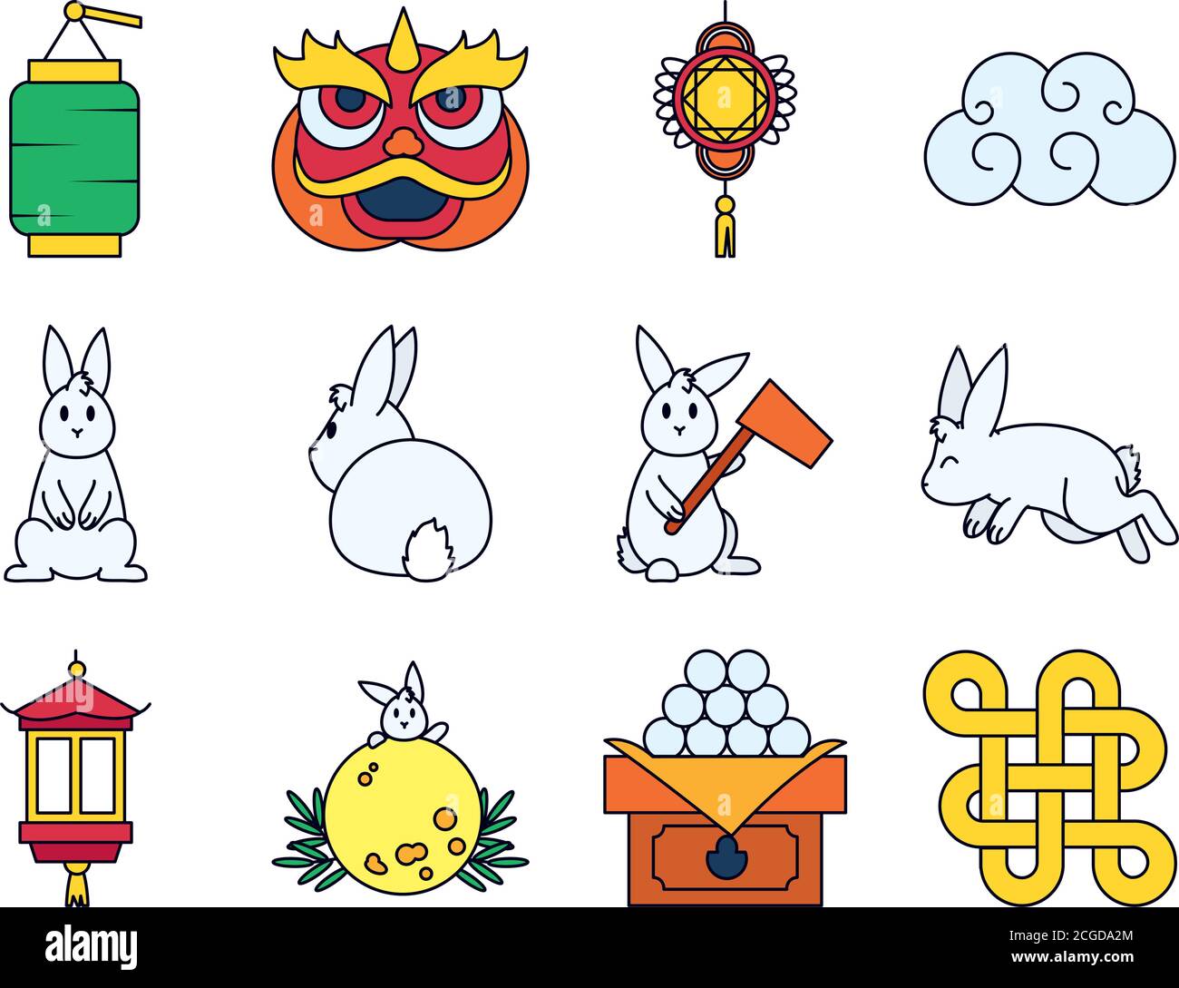 icon set of mid autumn and rabbits over white background, line and fill ...