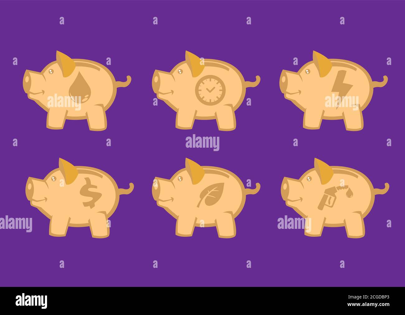 Set of six illustration of piggy banks in side view with conceptual symbols. Vector design ...