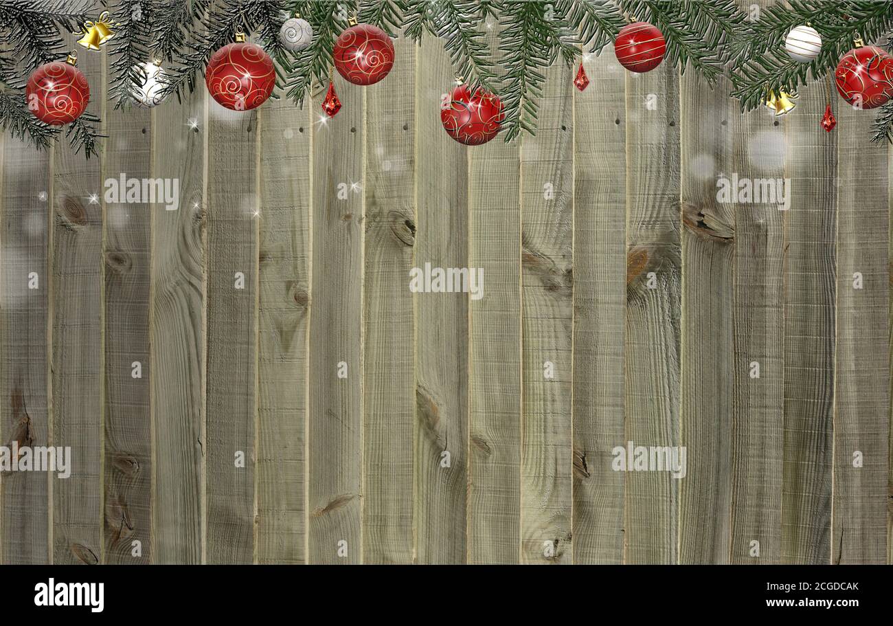 Christmas rustic wooden background with fir branches and red baubles ...