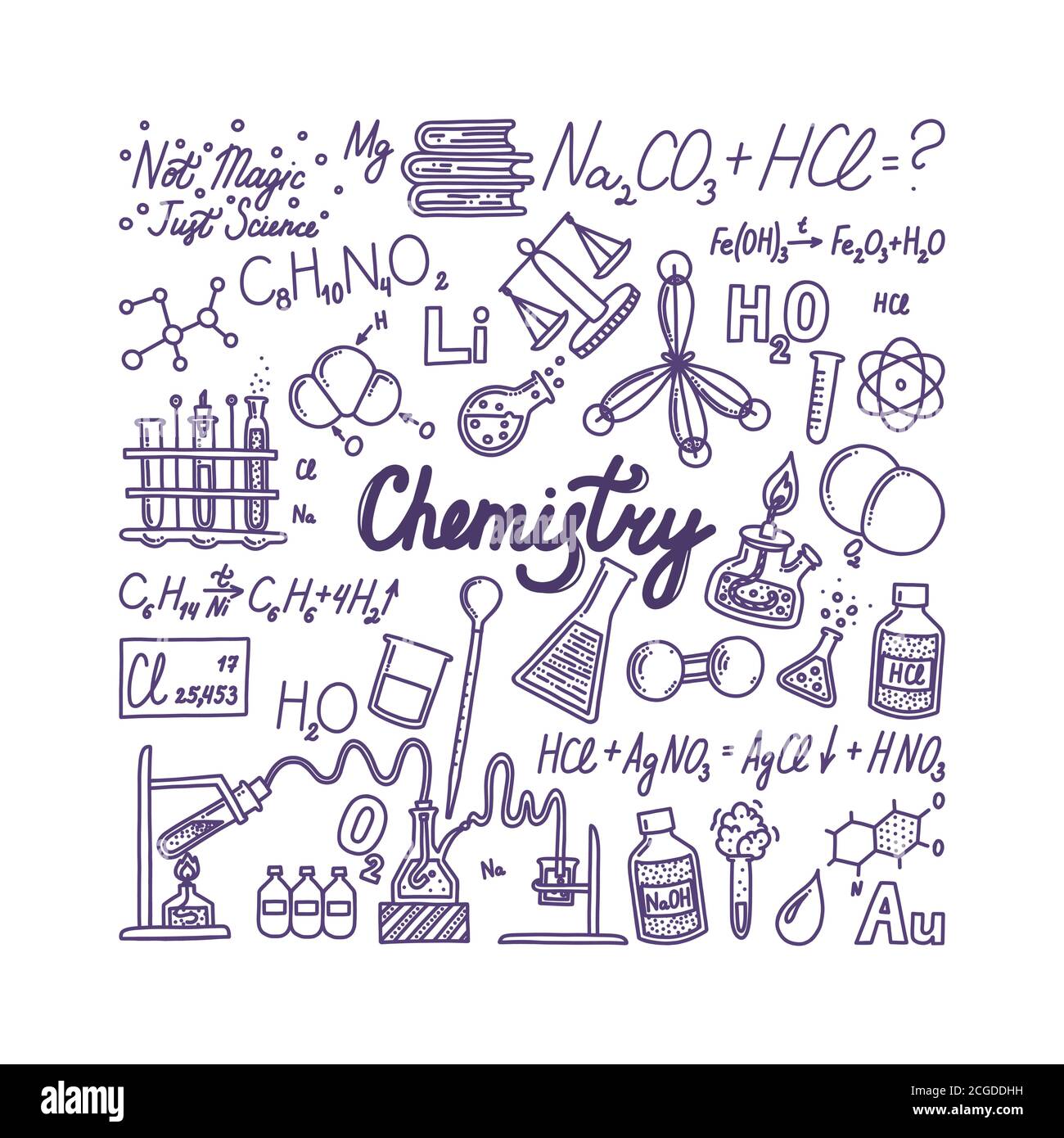 Big chemistry banner with lettering. Hand drawn objects associated with ...