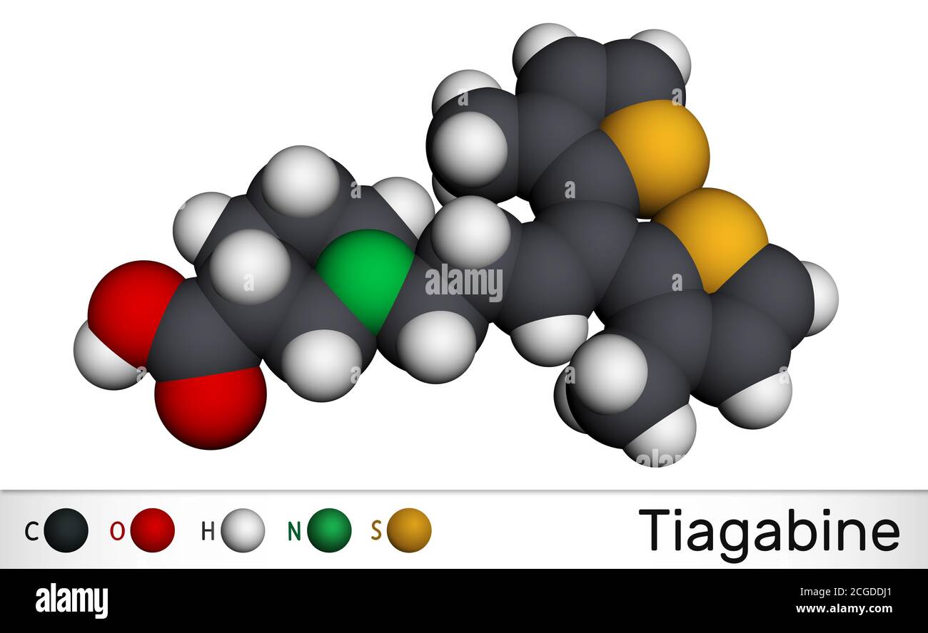 Tiagabine, C20H25NO2S2 molecule. It is anticonvulsant medication, is ...