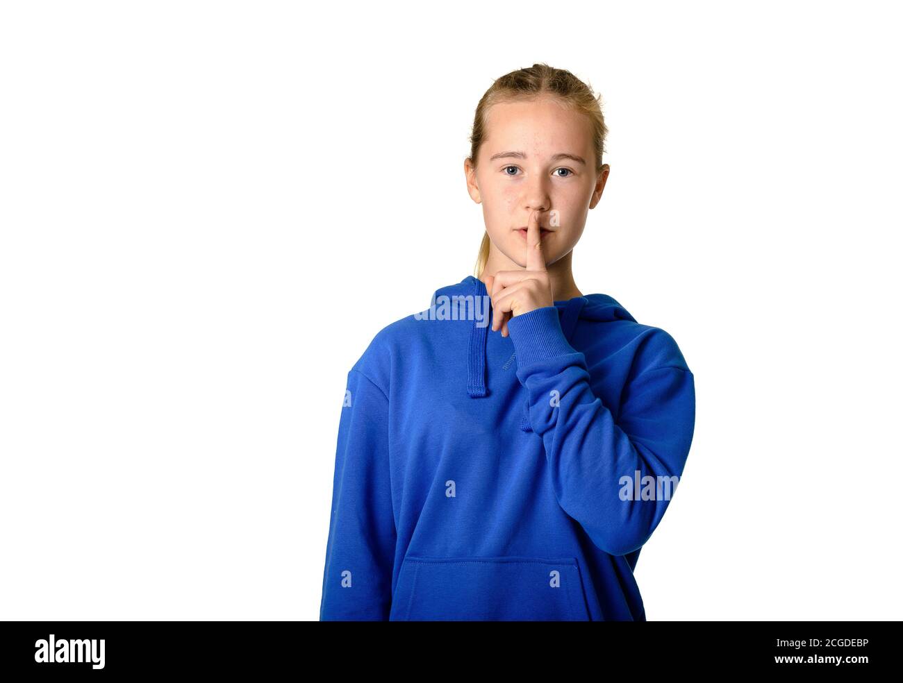 Young Blonde Caucasian Teen Girl Wearing Blue Hoodie On White