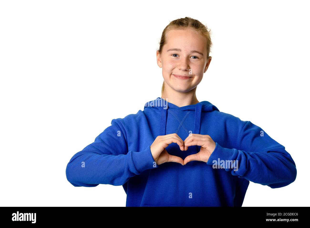 Young Blonde Caucasian Teen Girl Wearing Blue Hoodie On White