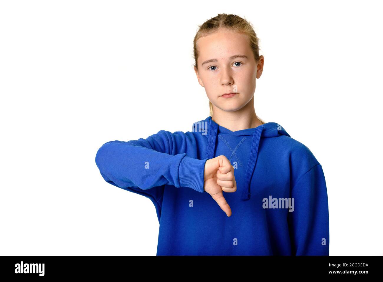 Young Blonde Caucasian Teen Girl Wearing Blue Hoodie On White