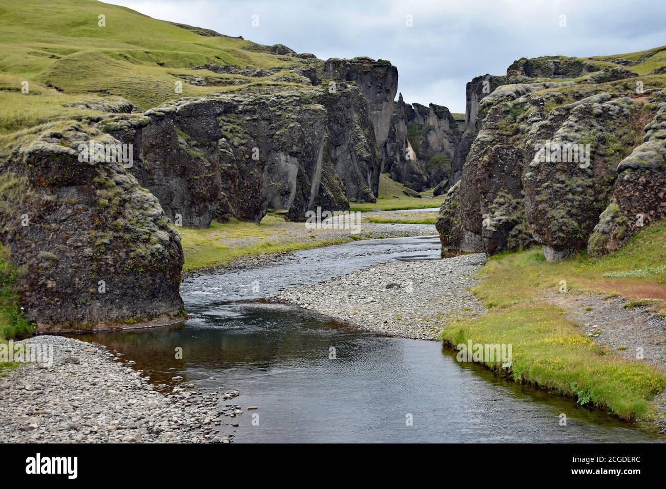 The entrance to Fjadrargljufur canyon. The Fjaðrá rivers seen flowing ...