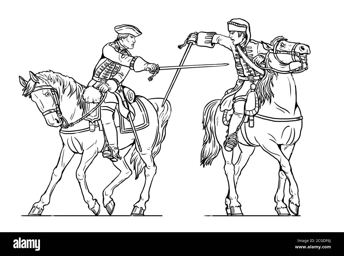 Duel of the cavalrymen. French dragoon against the english dragoon ...