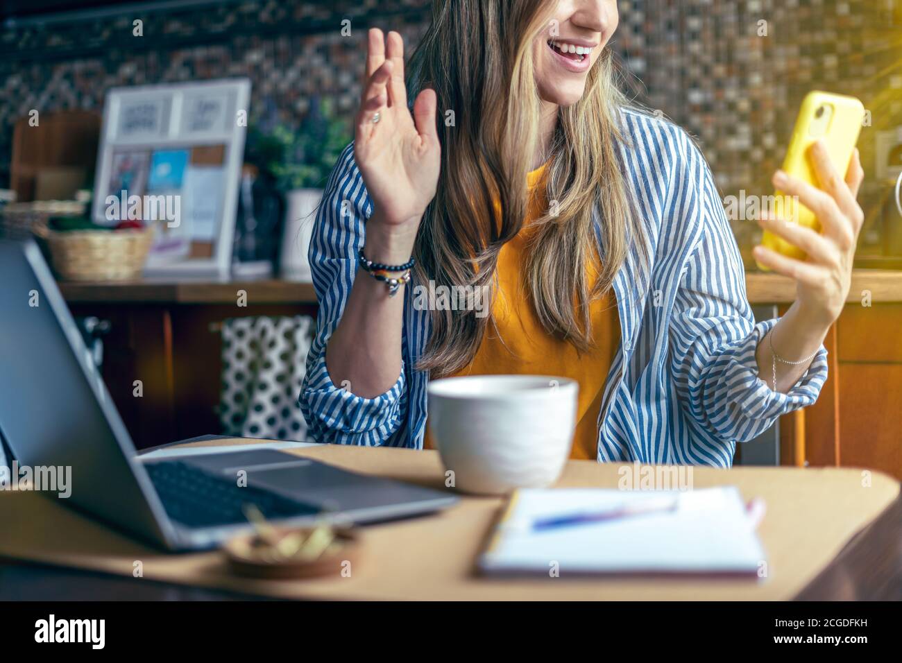 Distance learning online education and work. Business woman having a ...