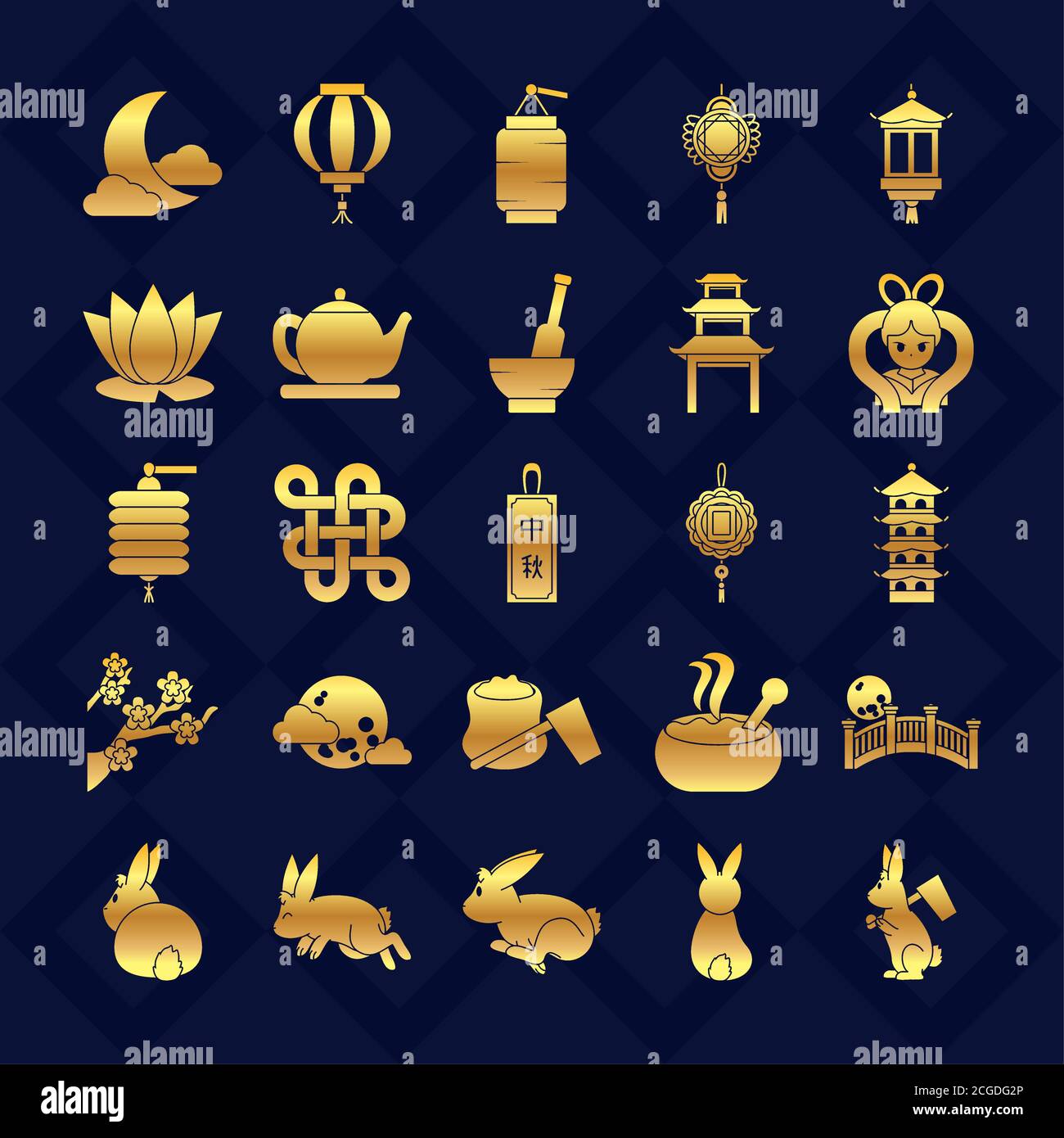 icon set of mid autumn and oriental amulets over black background ...