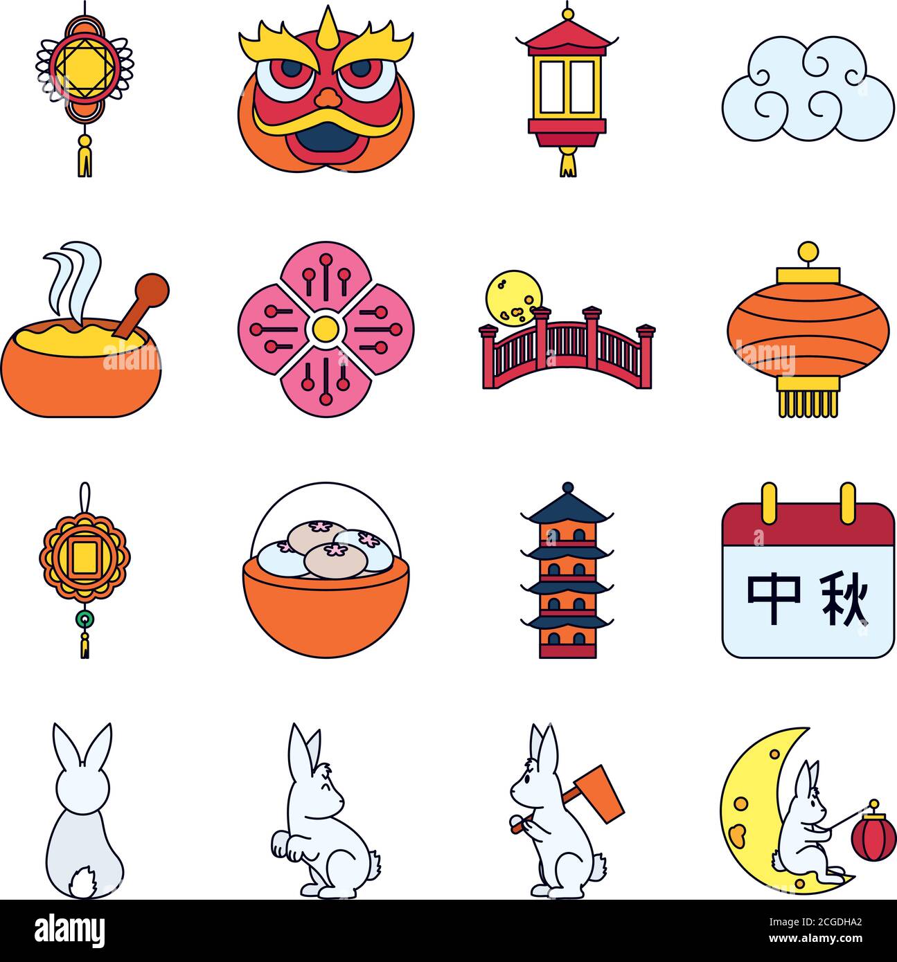 oriental clouds and Mid autumn icon set, line and fill style, vector ...