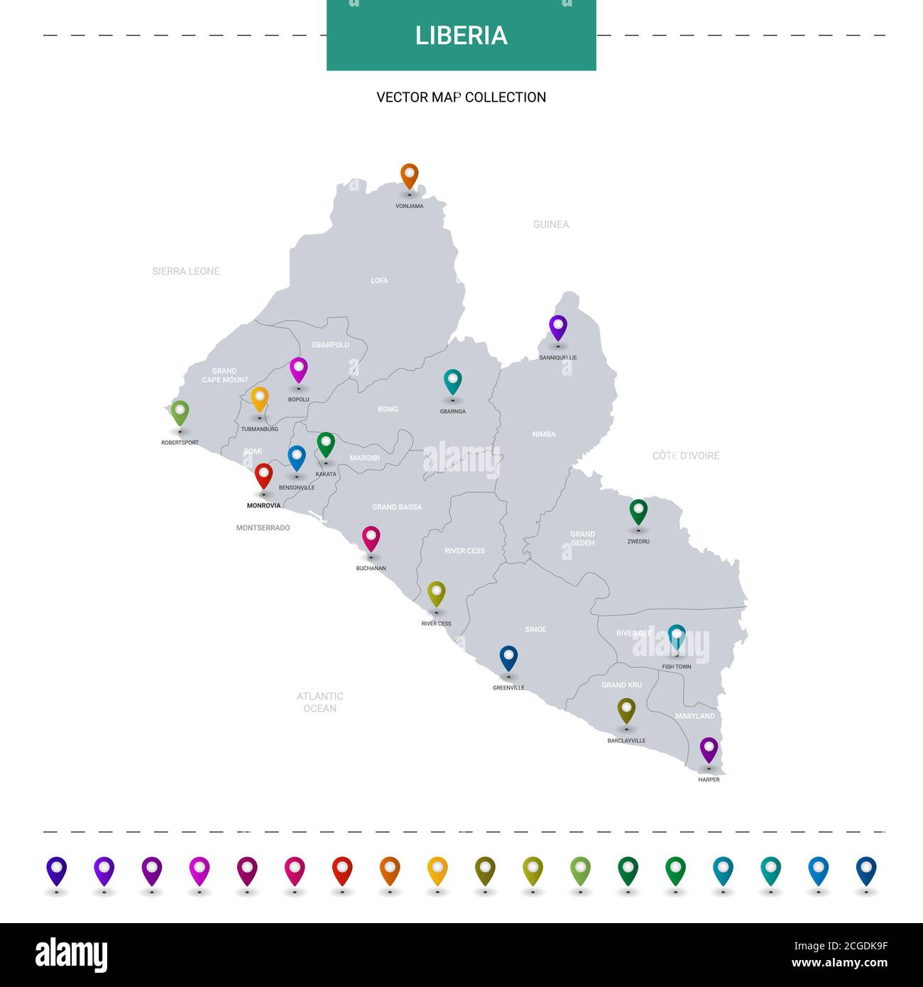 Liberia map with location pointer marks. Infographic vector template ...