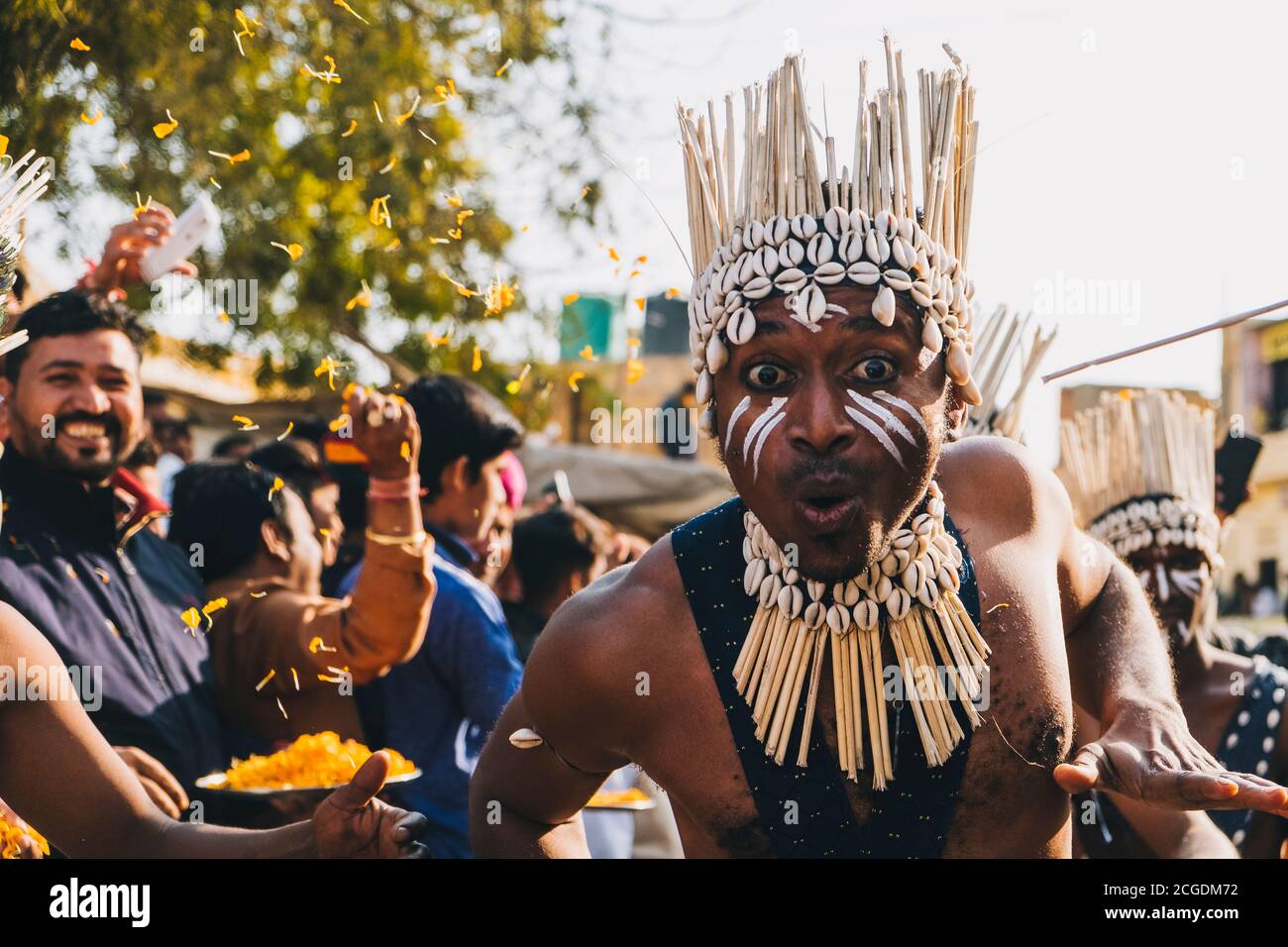 Portrait of native people performing a dance during the parade ...