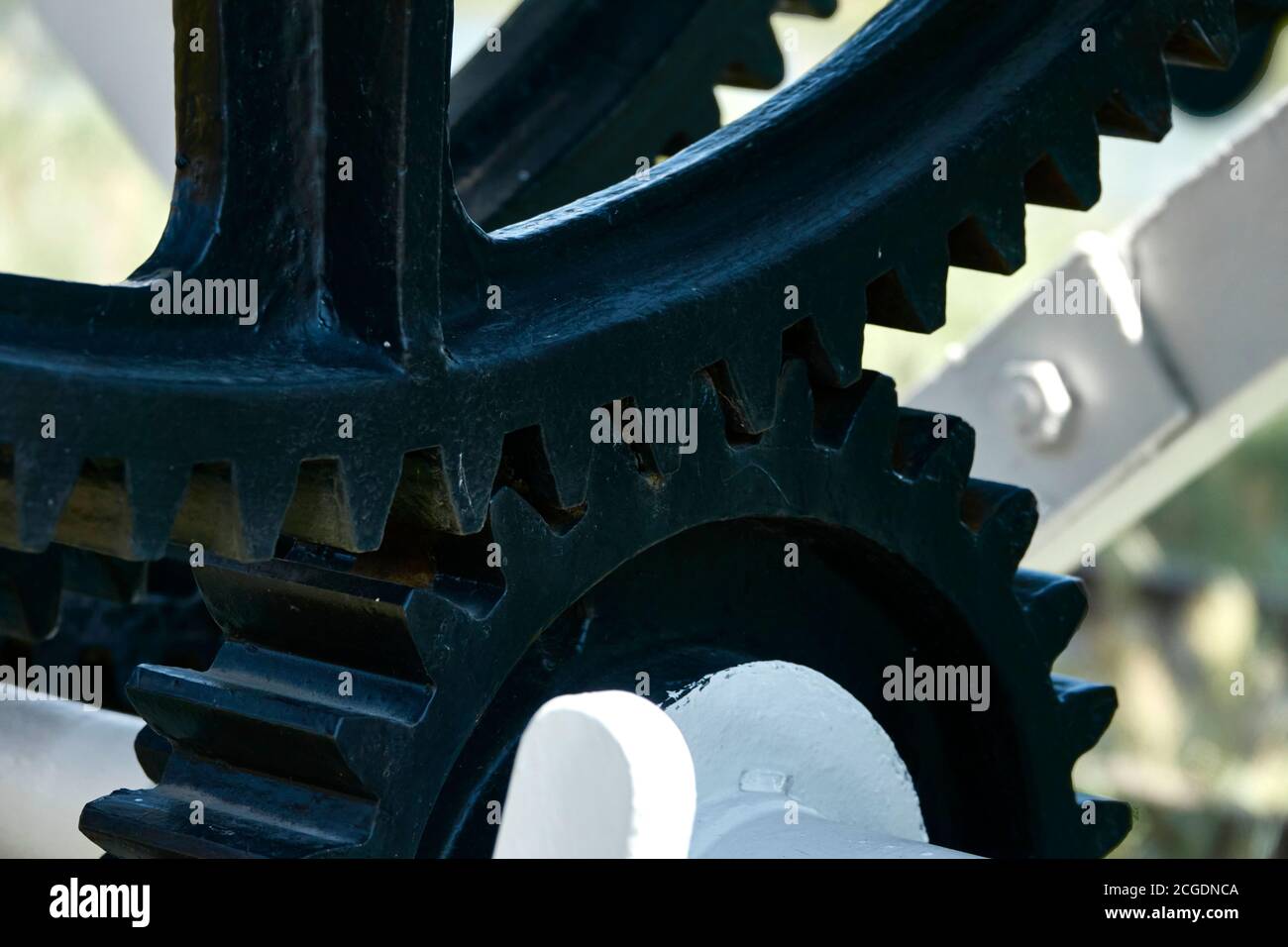 Detailed view of two interlocking gears Stock Photo - Alamy