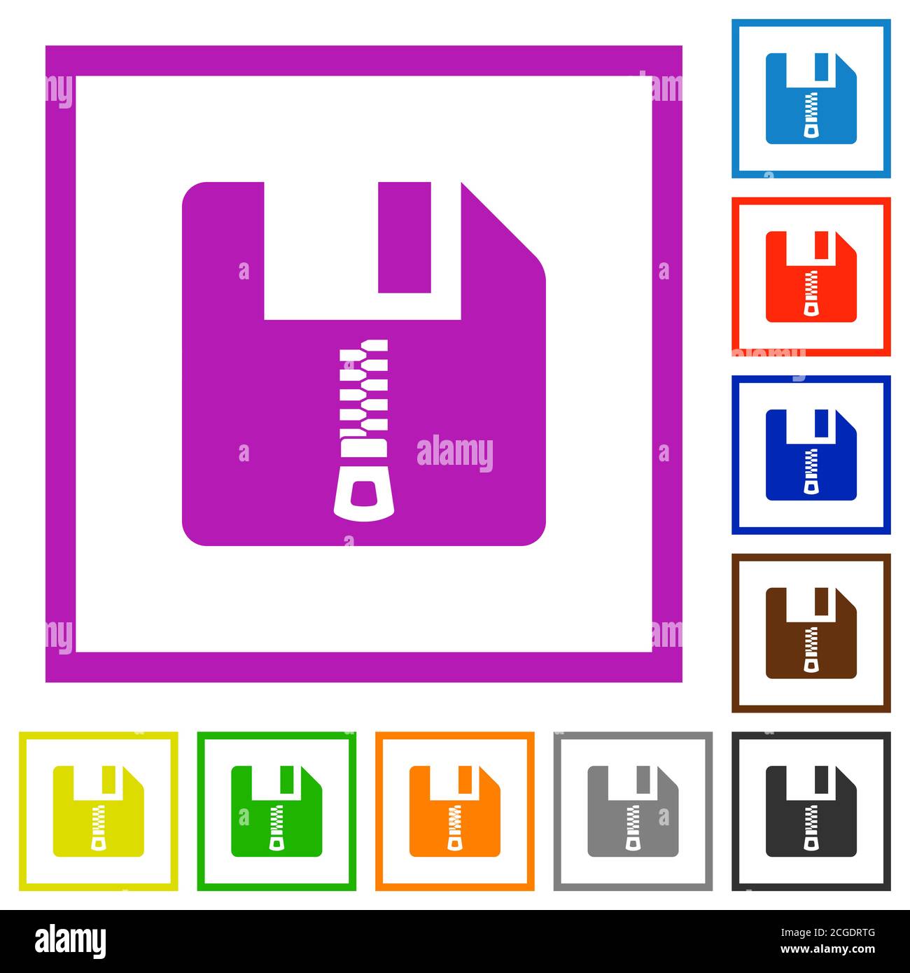Compressed file flat color icons in square frames on white background ...