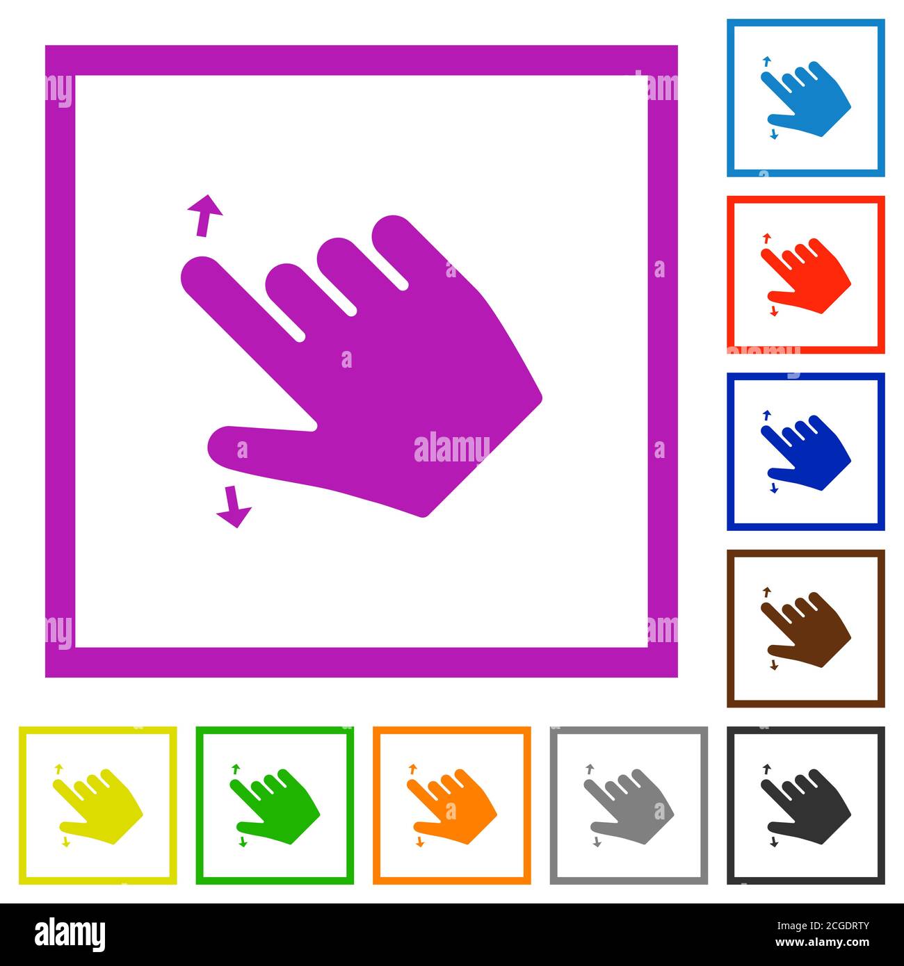 Right handed pinch open gesture flat color icons in square frames on ...