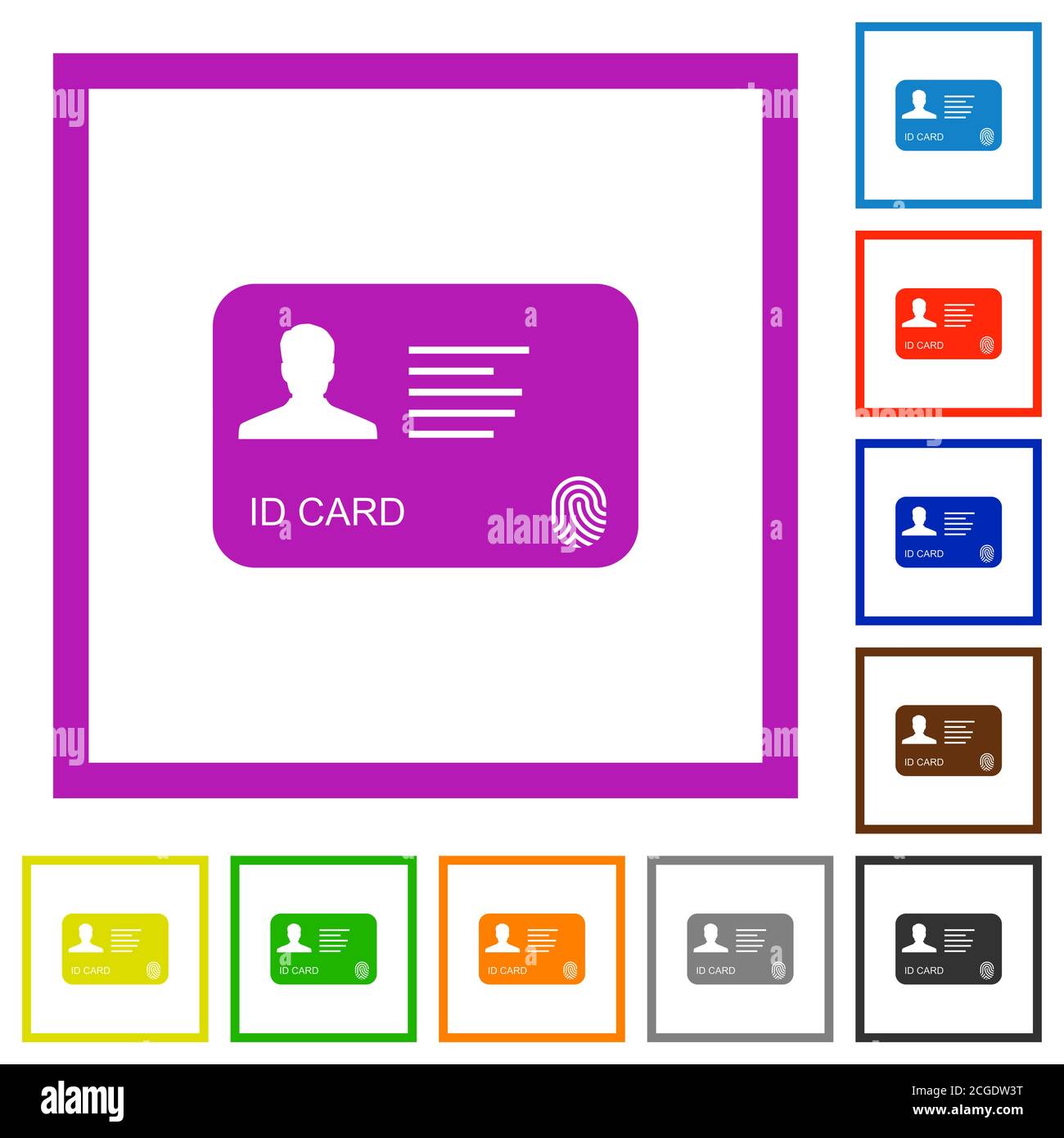 ID card with fingerprint flat color icons in square frames on white ...