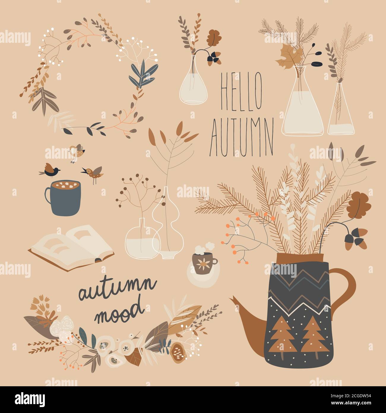 Cartoon autumn plants in different bottles. Autumn mood Stock Vector ...