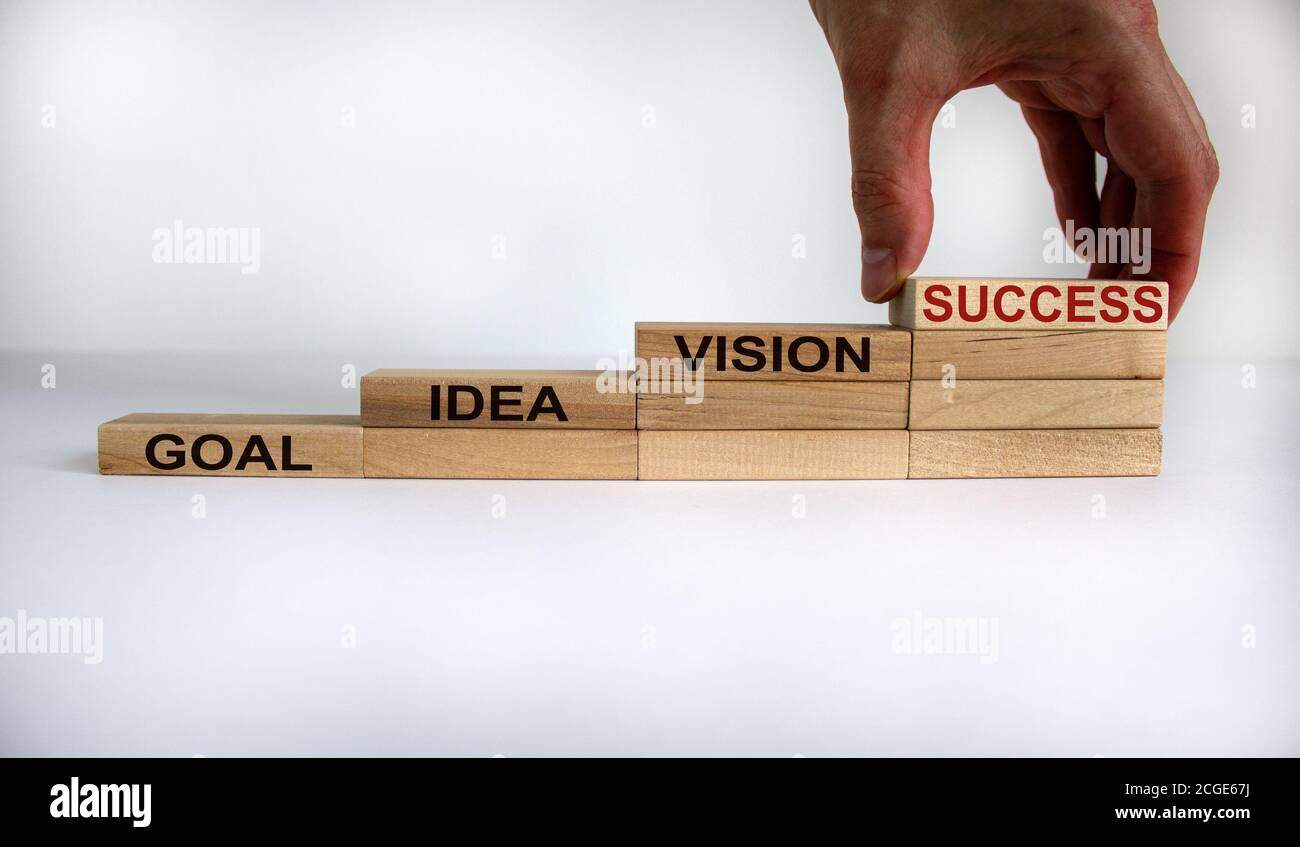 Business concept growth success process. Male hand. Wood blocks ...