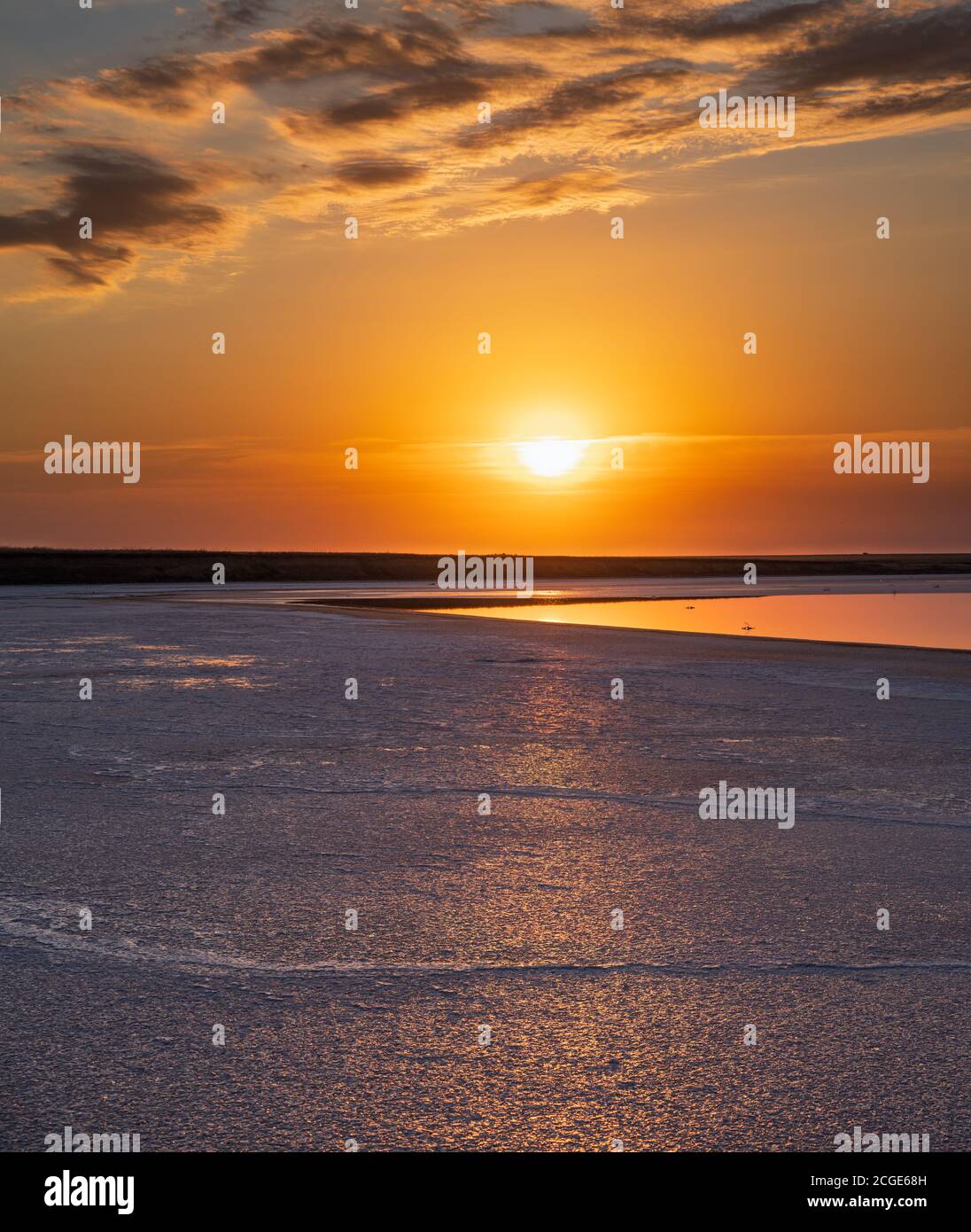 Sunset on the Genichesk pink extremely salty lake (colored by ...