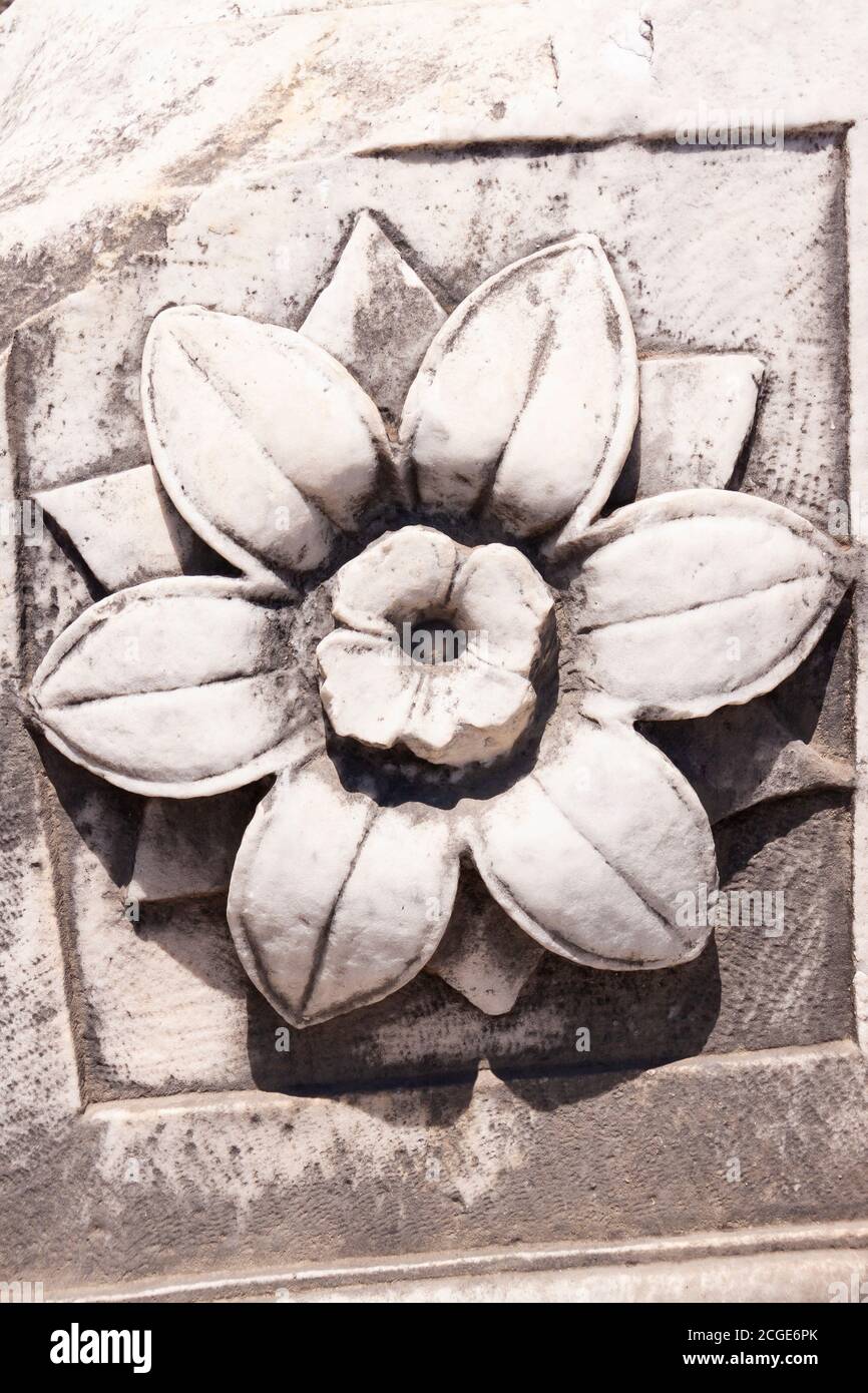 Rome, Italy - June 29, 2010: Depict of a flower, white marble relief ...