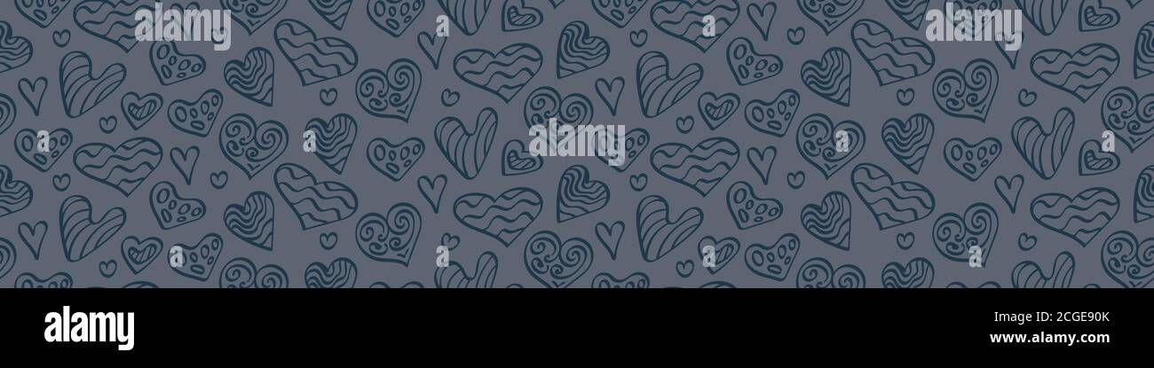 Cute hand drawn heart shapes in seamless horizontal border on gray ...