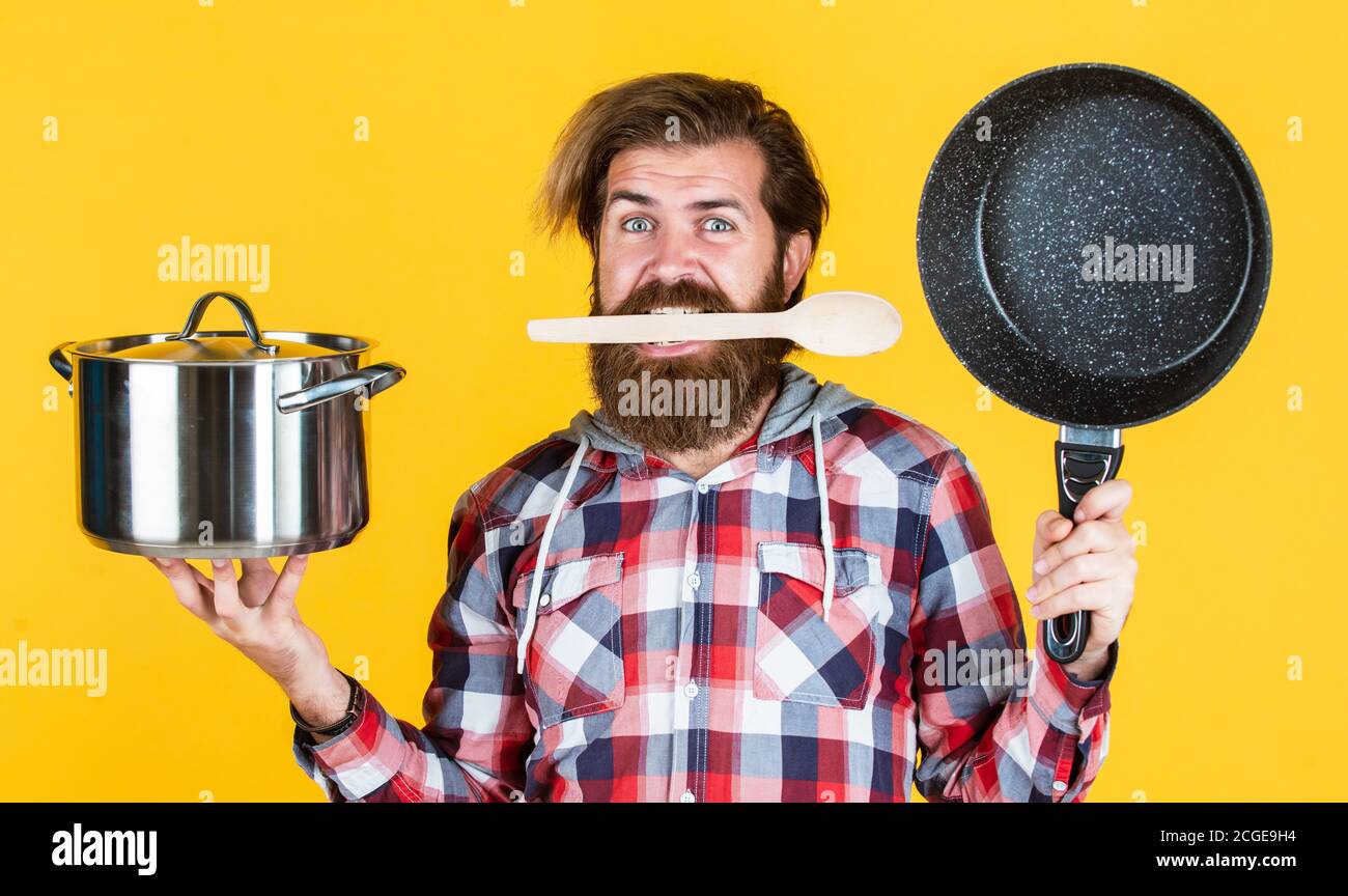 hungry man. Professional chef man cook in checkered shirt. bearded ...