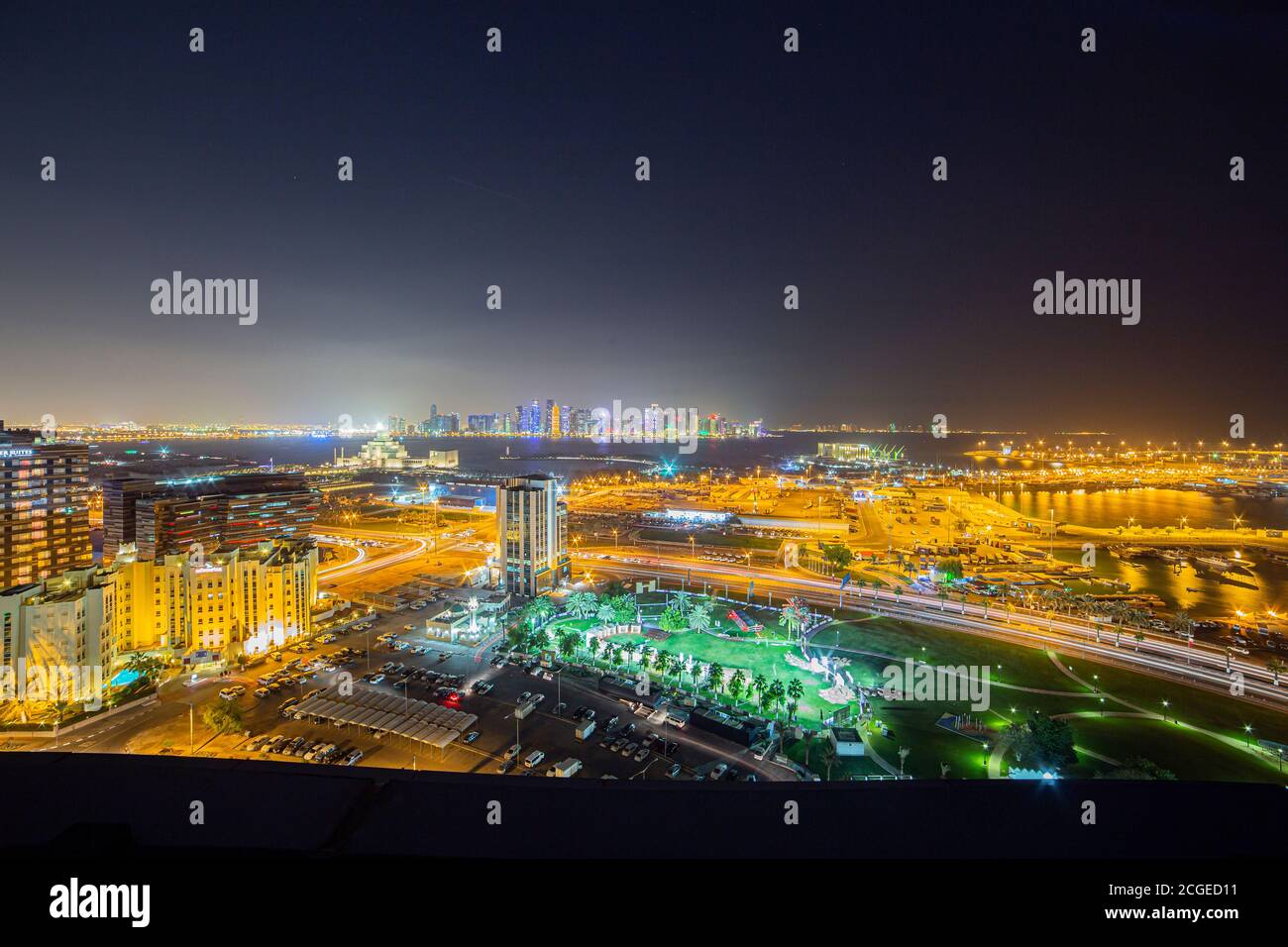 Doha Skyline night Arial View Stock Photo - Alamy