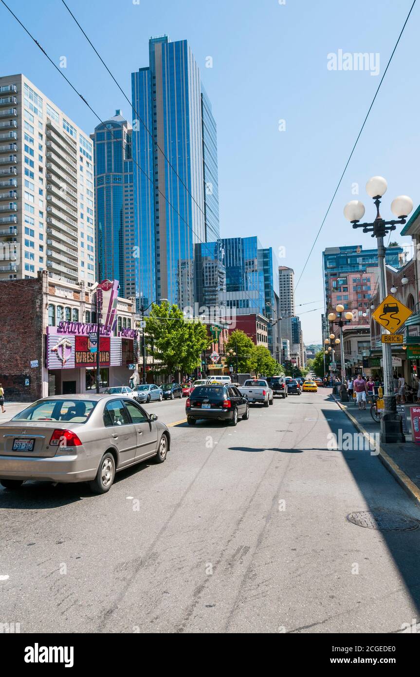 1st Avenue in Belltown, Seattle, Washington. To the left of the image ...