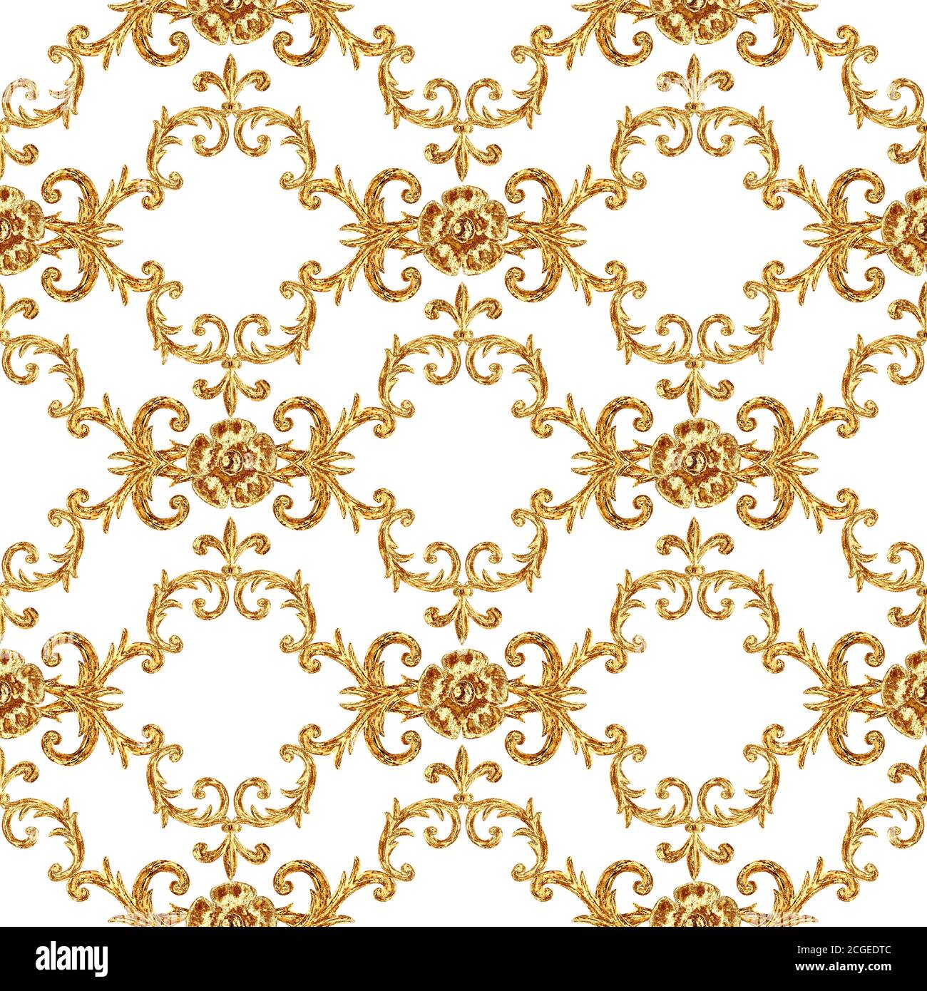 Baroque golden elements ornamental seamless pattern. Watercolor hand ...
