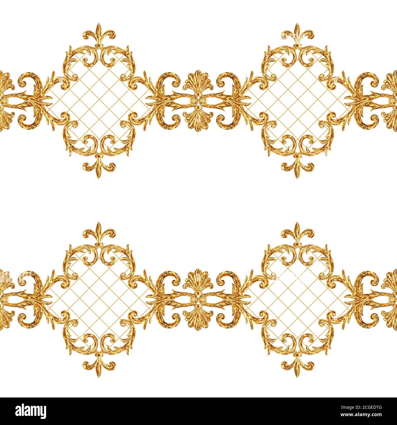 Baroque golden elements ornamental seamless pattern. Watercolor hand ...