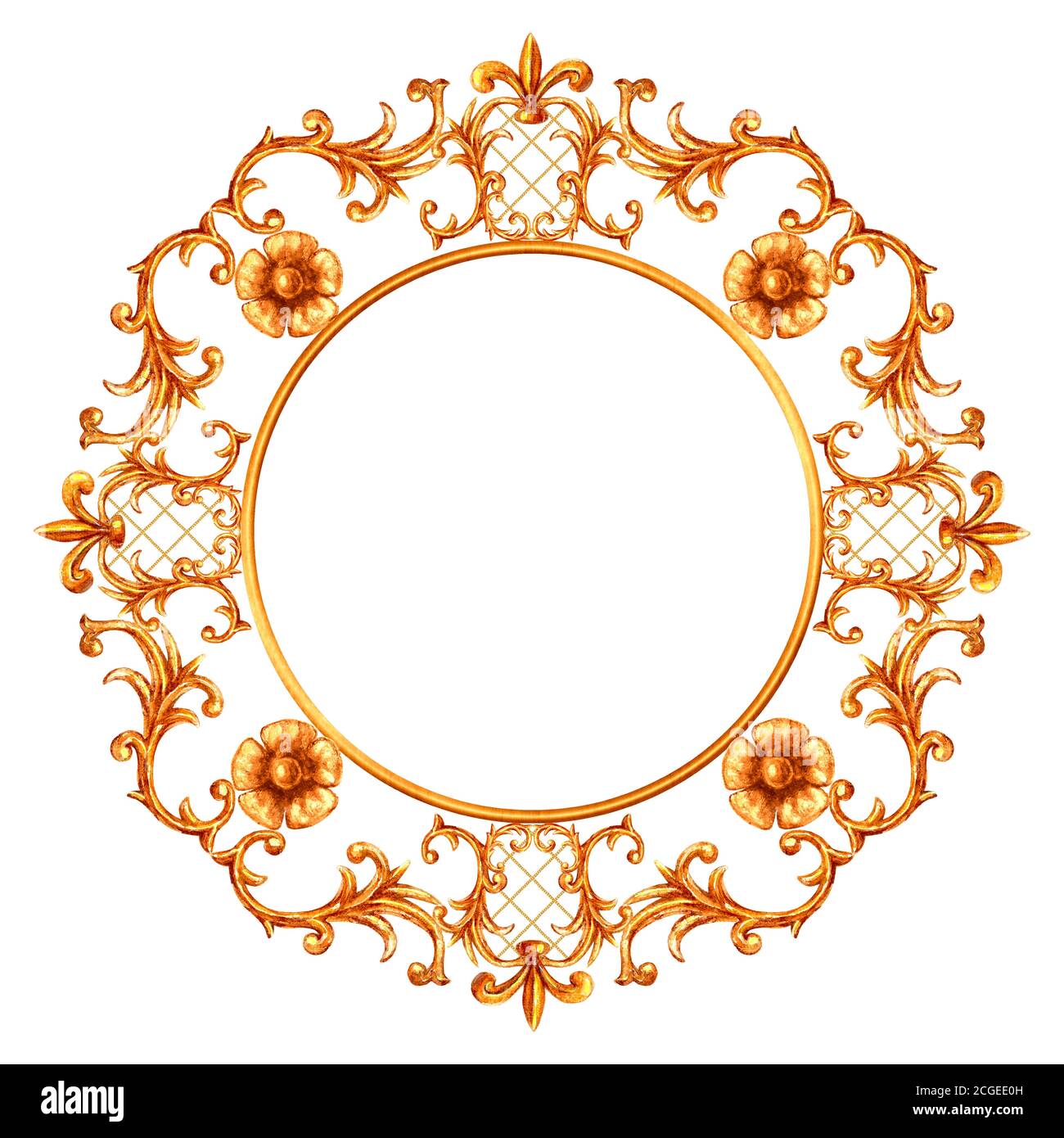 Baroque style round element. Watercolor hand drawn vintage engraving ...