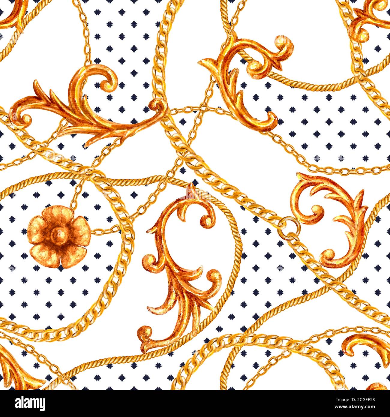 Baroque golden elements ornamental seamless pattern. Watercolor hand ...