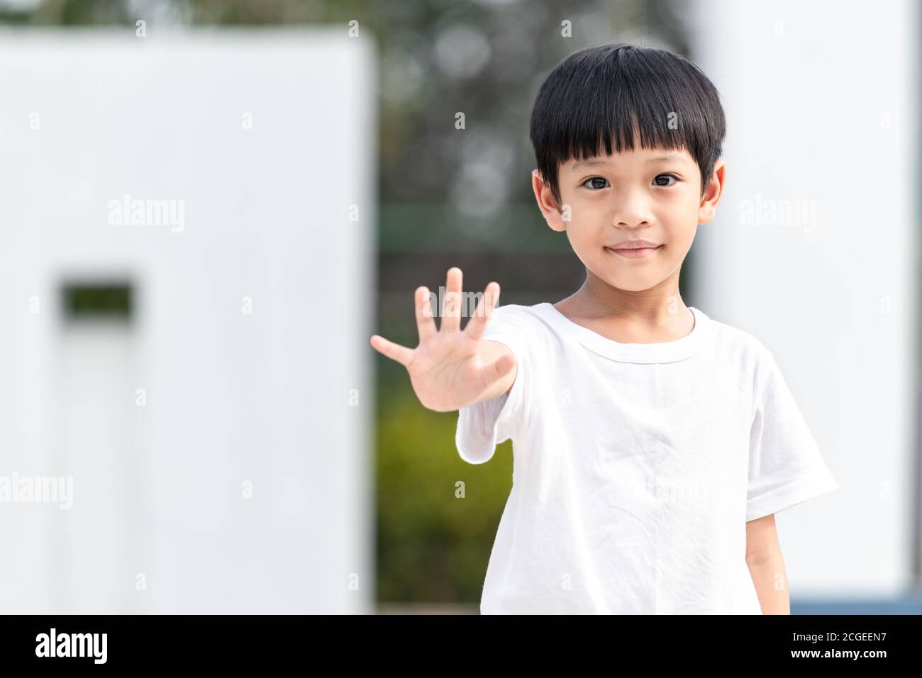 Asian little child showing stop his hand. Domestic Family violence ...