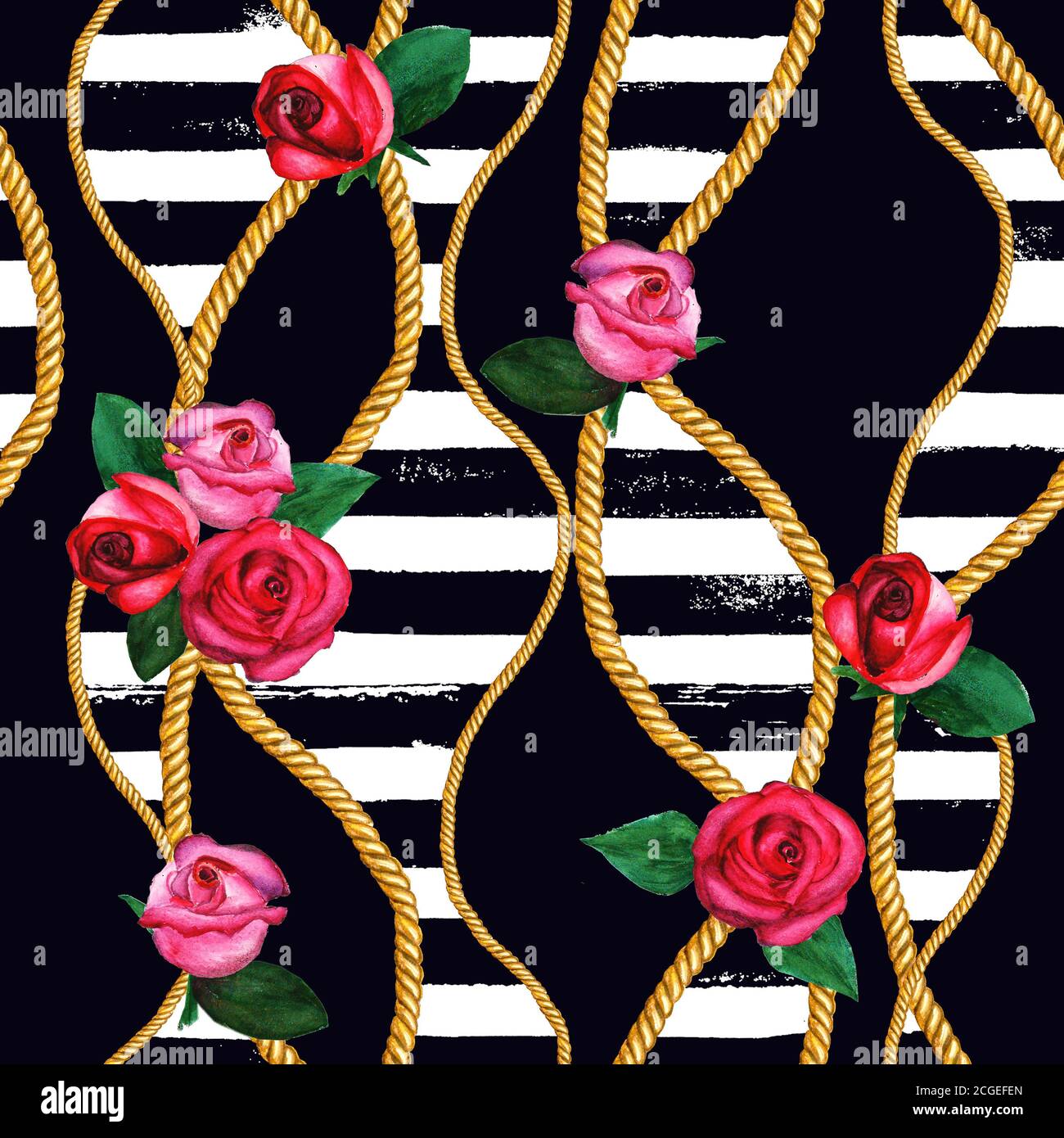 Golden rope chains, rose seamless pattern. Watercolor hand drawn ...