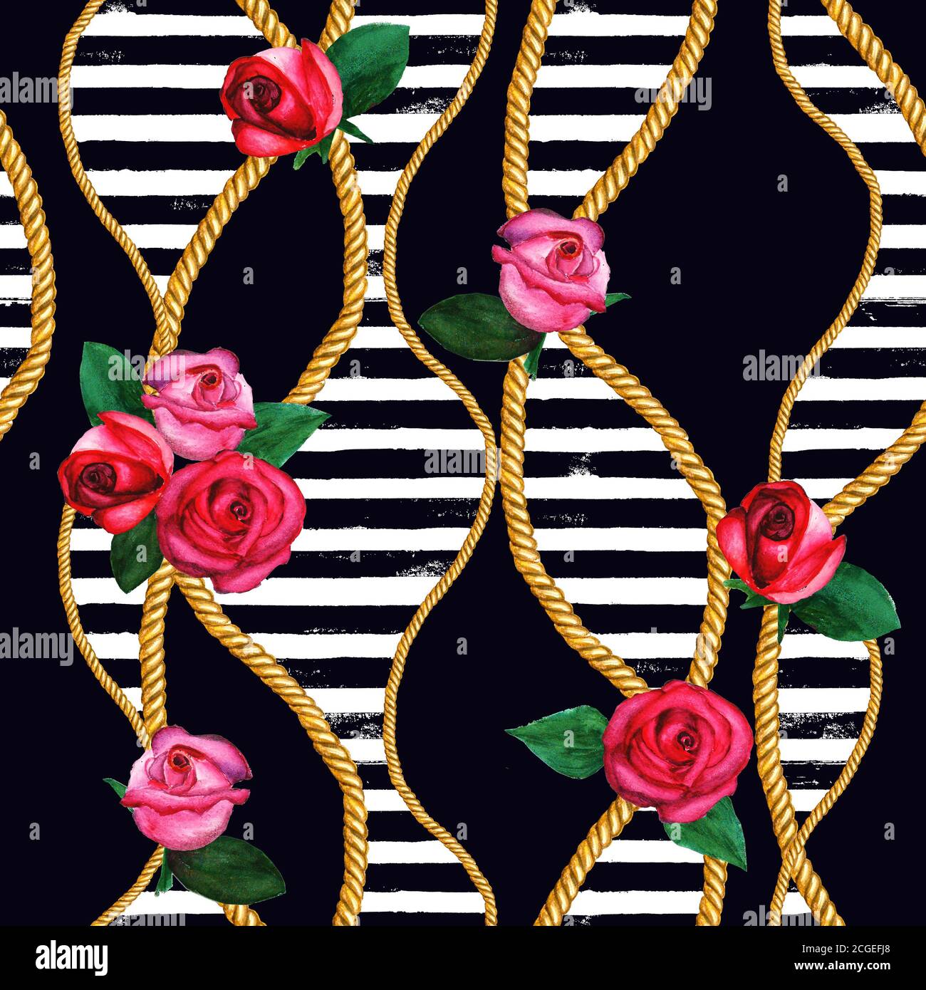 Golden rope chains, rose seamless pattern. Watercolor hand drawn ...