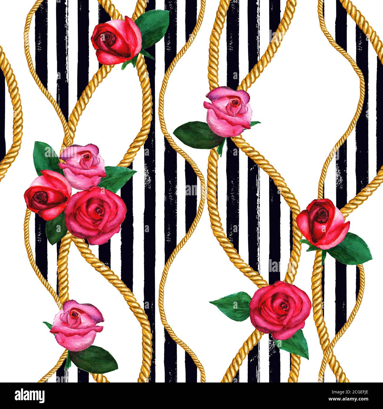 Golden rope chains, rose seamless pattern. Watercolor hand drawn ...