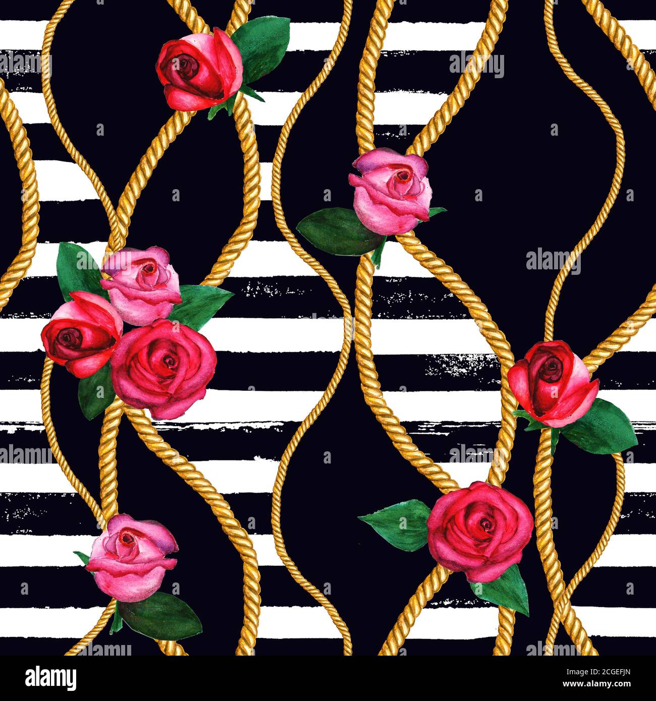 Golden rope chains, rose seamless pattern. Watercolor hand drawn ...