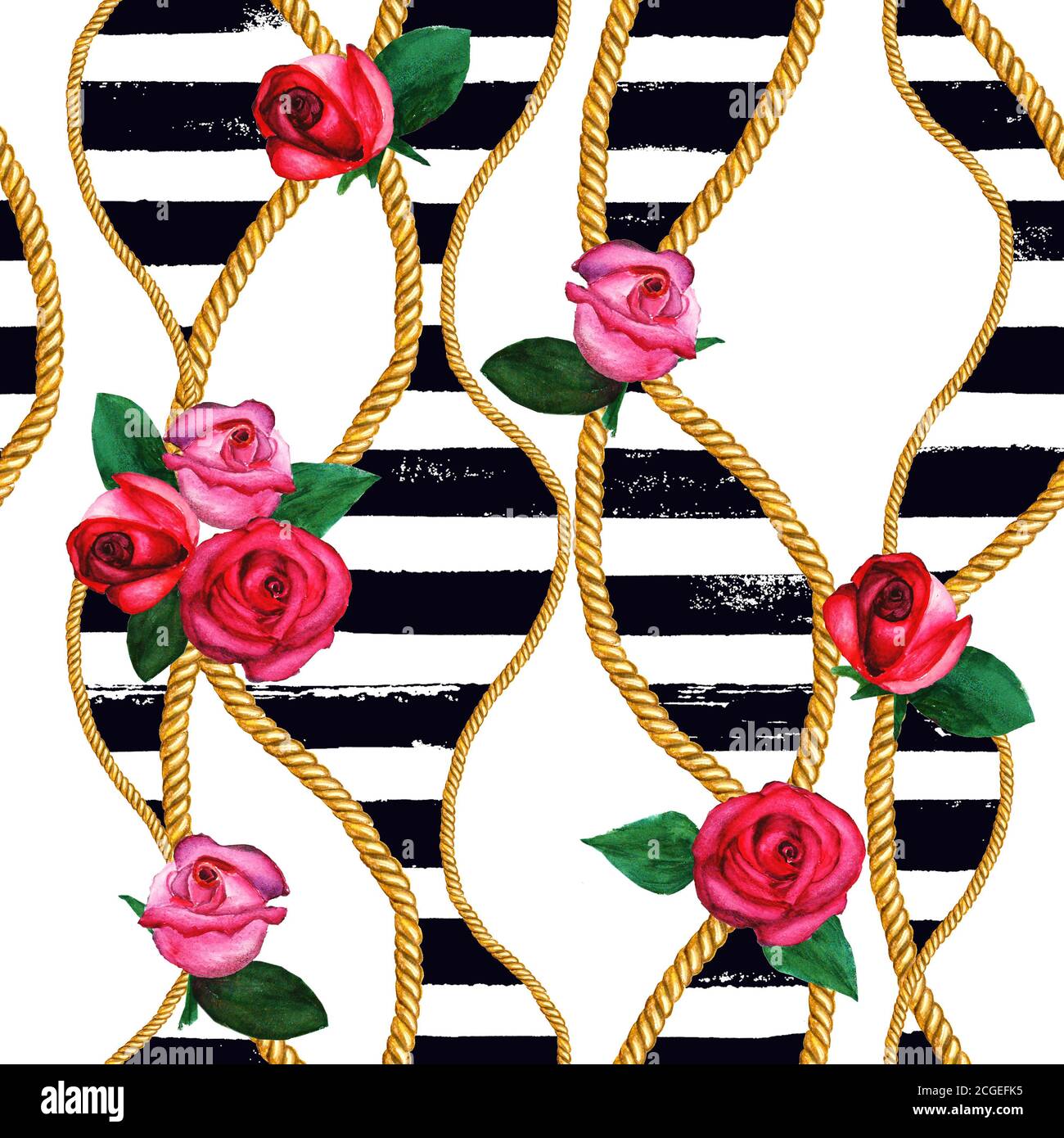 Golden rope chains, rose seamless pattern. Watercolor hand drawn ...