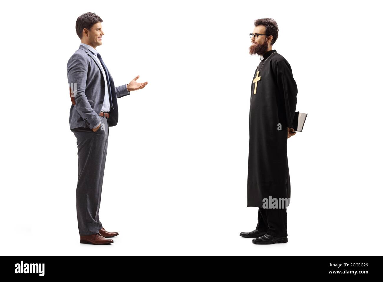 Full length profile shot of a man gesturing with hand and talking to a ...