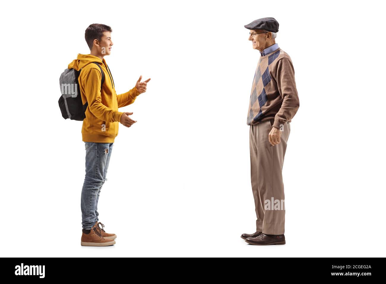 Full length profile shot of a businessman talking to a man isolated on ...